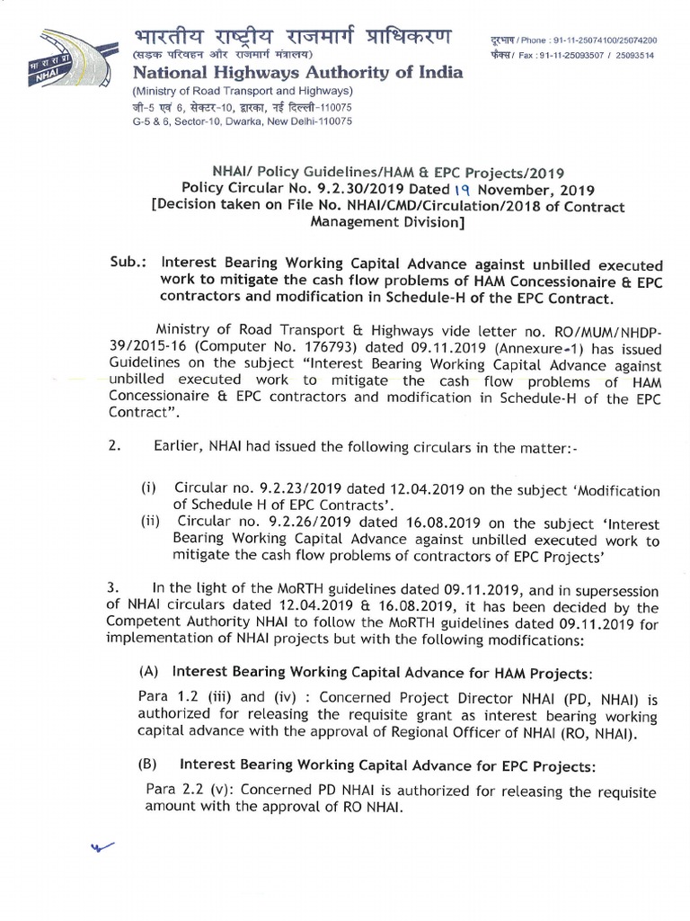 NHAI Policy Guidelines Working Capital Advance 19112019 | PDF