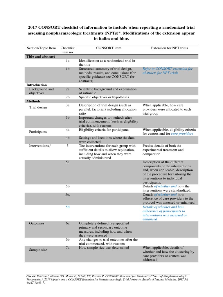 CONSORT Extension NPT 2017 Checklist | PDF | Randomized Controlled Trial | Inquiry