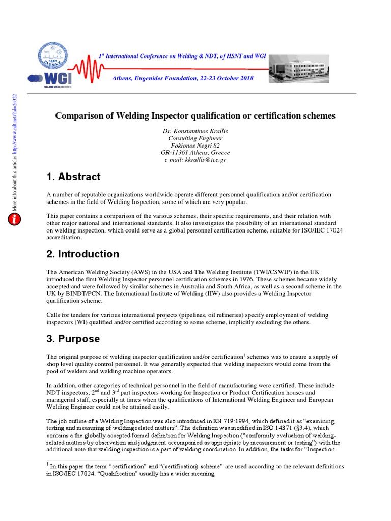 Comparison of Welding Inspector Qualification or Certification Schemes ...