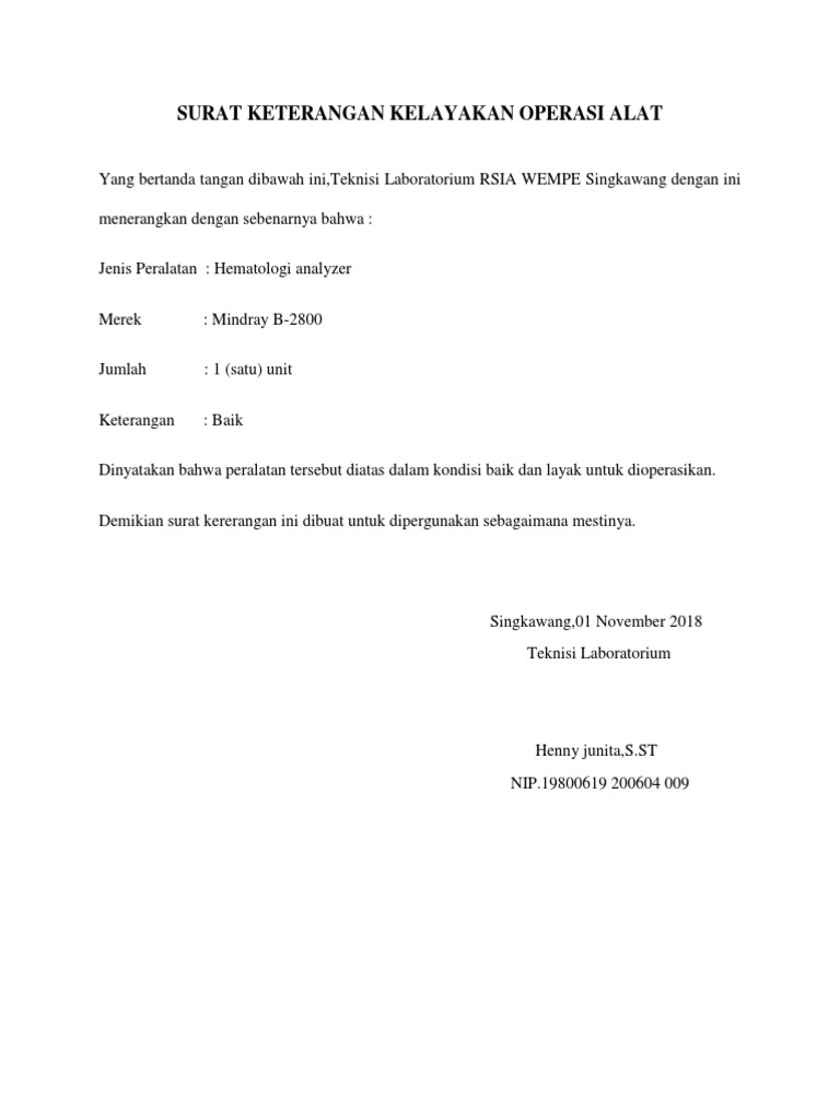 Surat Keterangan Kelayakan Operasi Alat | PDF