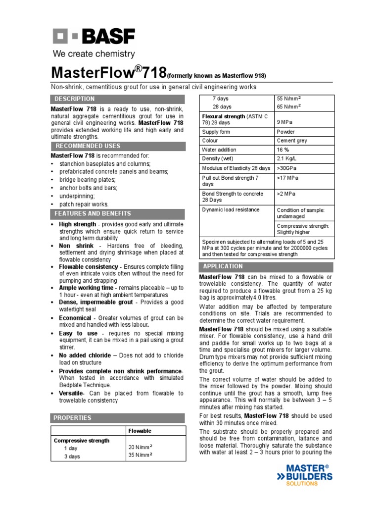Cementitious-Grout MasterFlow 718 | PDF | Concrete | Building Materials