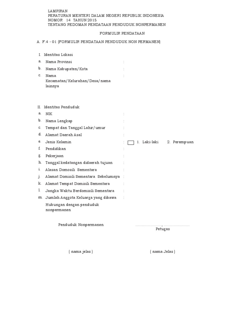 F-4.01 Formulir Pendataan Penduduk Non-Permanen - 788025 | PDF