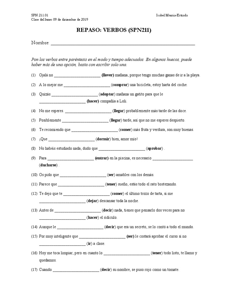 Repaso de Verbos en Español SPN 211 | PDF