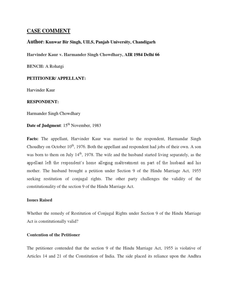 Case Comment by Kunwar Bir Singh | PDF | Right To Privacy | Marriage