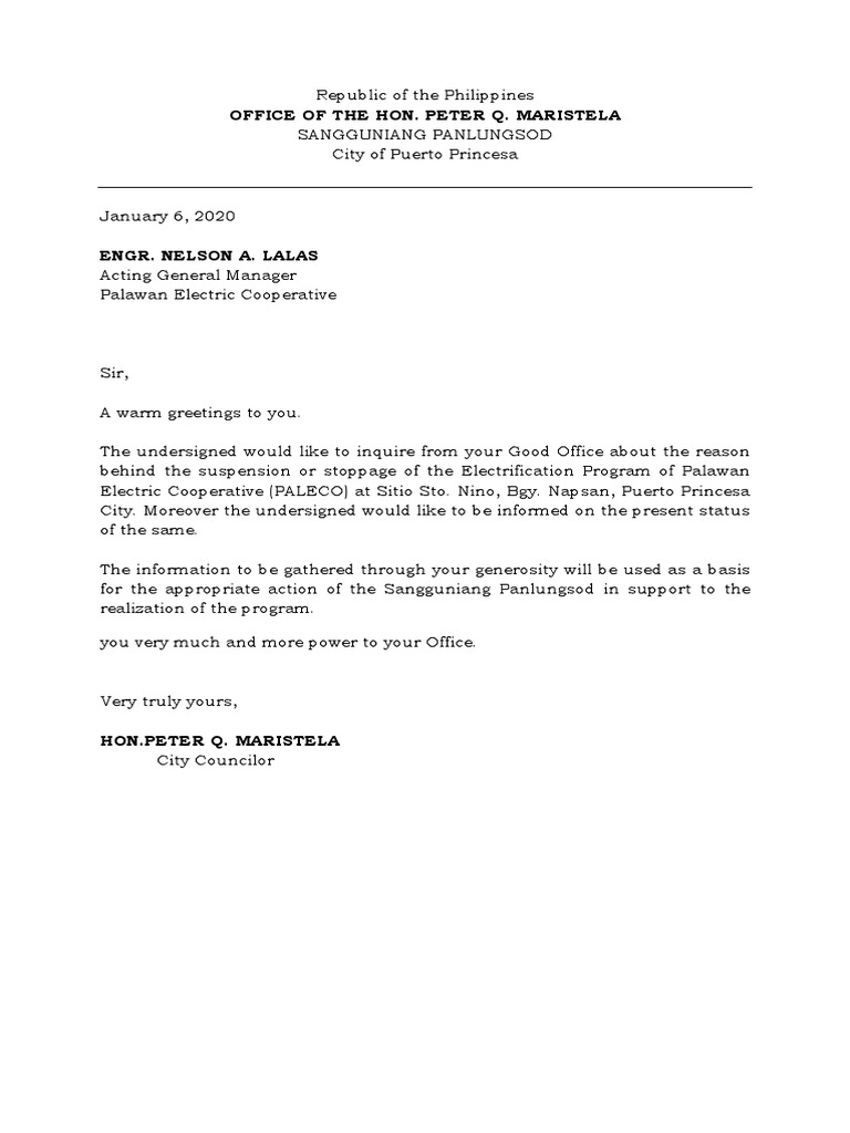 Inquiry on PALECO Electrification Status | PDF