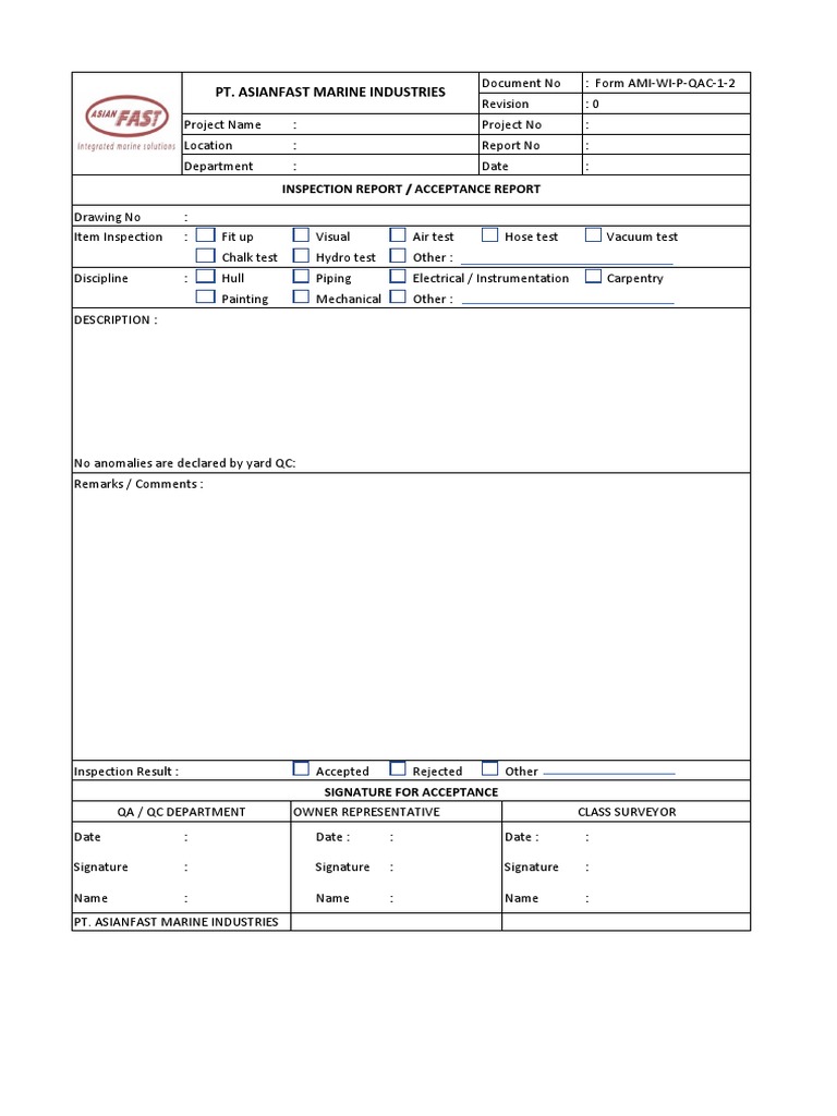 Form AMI-WI-P-QAC-1-2 Inspection Report | PDF