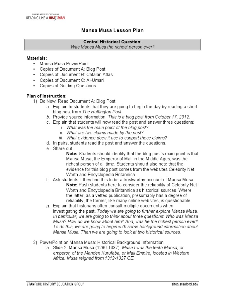 Mansa Musa Lesson Plan - 1 | PDF