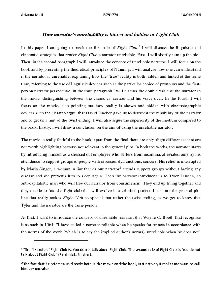 How Narrator's Unreliability Is Hinted and Hidden in Fight Club | PDF ...