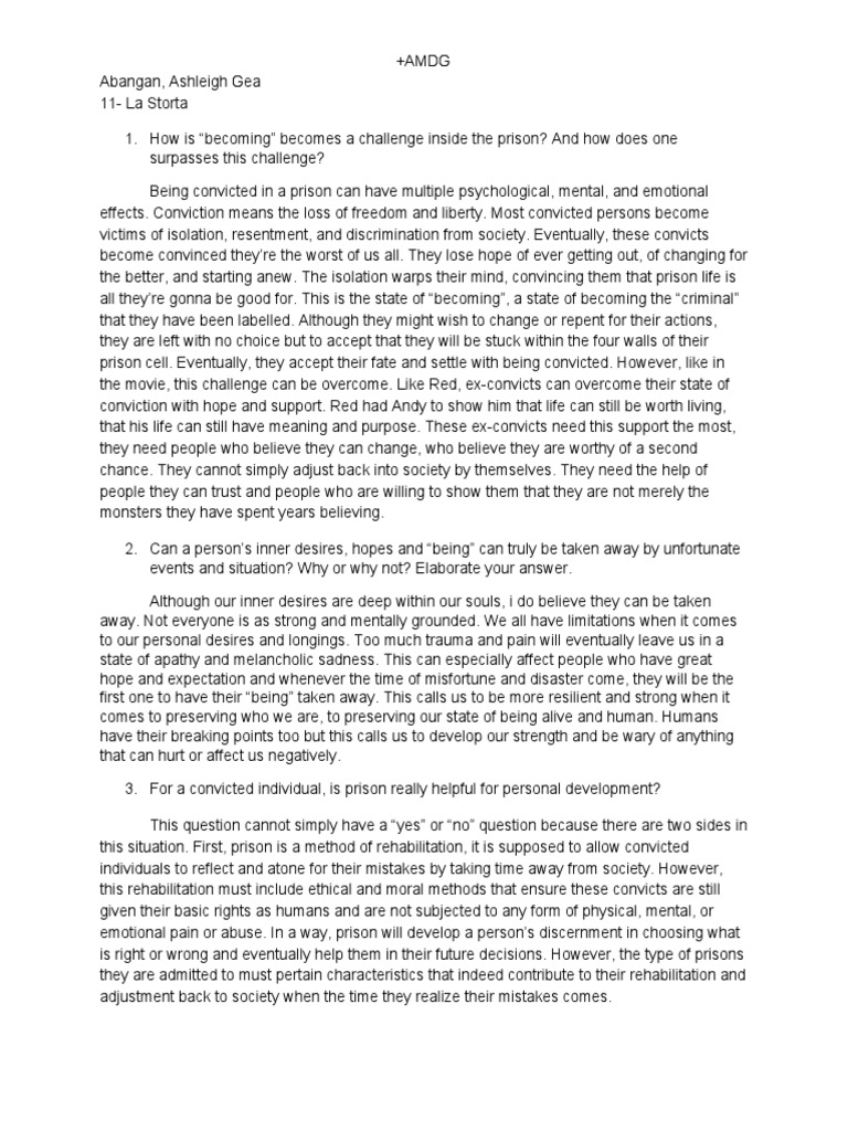 The Shawshank Redemption Movie: Reflection Paper | PDF | Rehabilitation ...