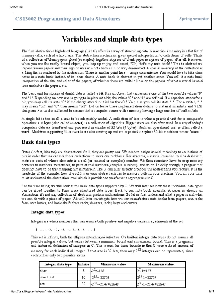 CS13002 Programming and Data Structures PDF | PDF | Integer (Computer ...