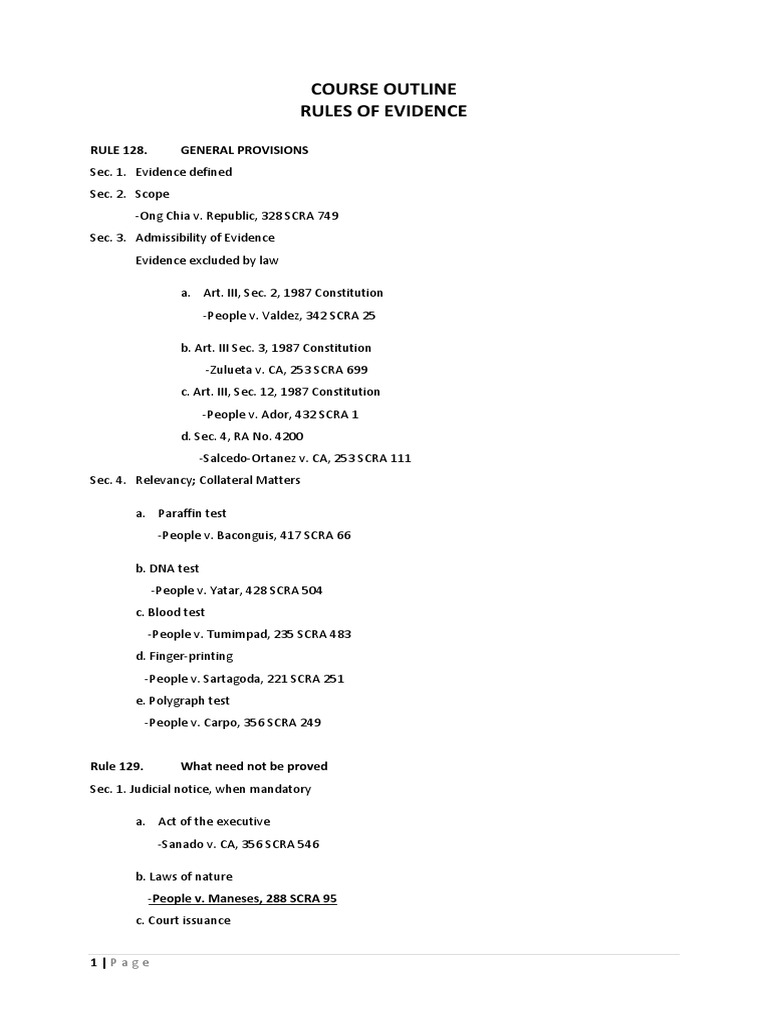 COURSE OUTLINE-evidence (2019) | PDF | Witness Impeachment | Evidence (Law)
