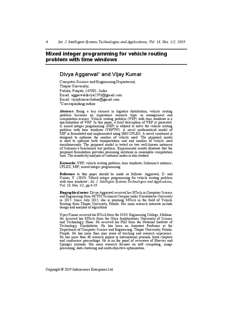 Mixed Integer Programming For Vehicle Routing Problem With Time Windows | PDF | Mathematical ...