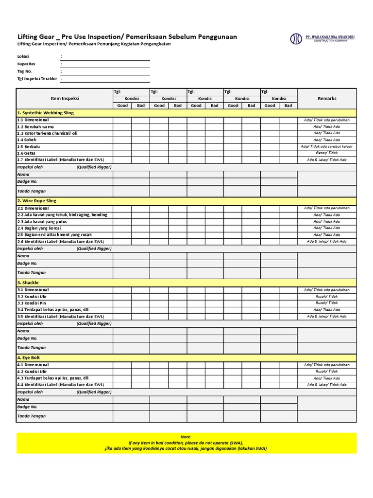 Checklist Inspeksi Alat Angkat | PDF