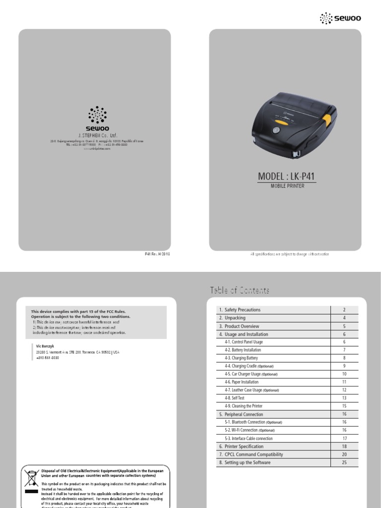 Sewoo Lk-p41 Manual Eng | PDF | Battery Charger | Personal Digital Assistant