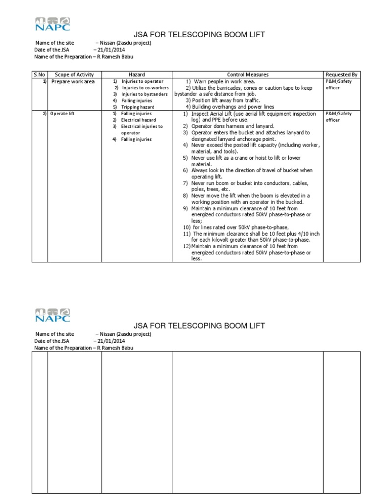 Jsa For TELESCOPING BOOM AERIAL LIFT | PDF | Elevator | Safety