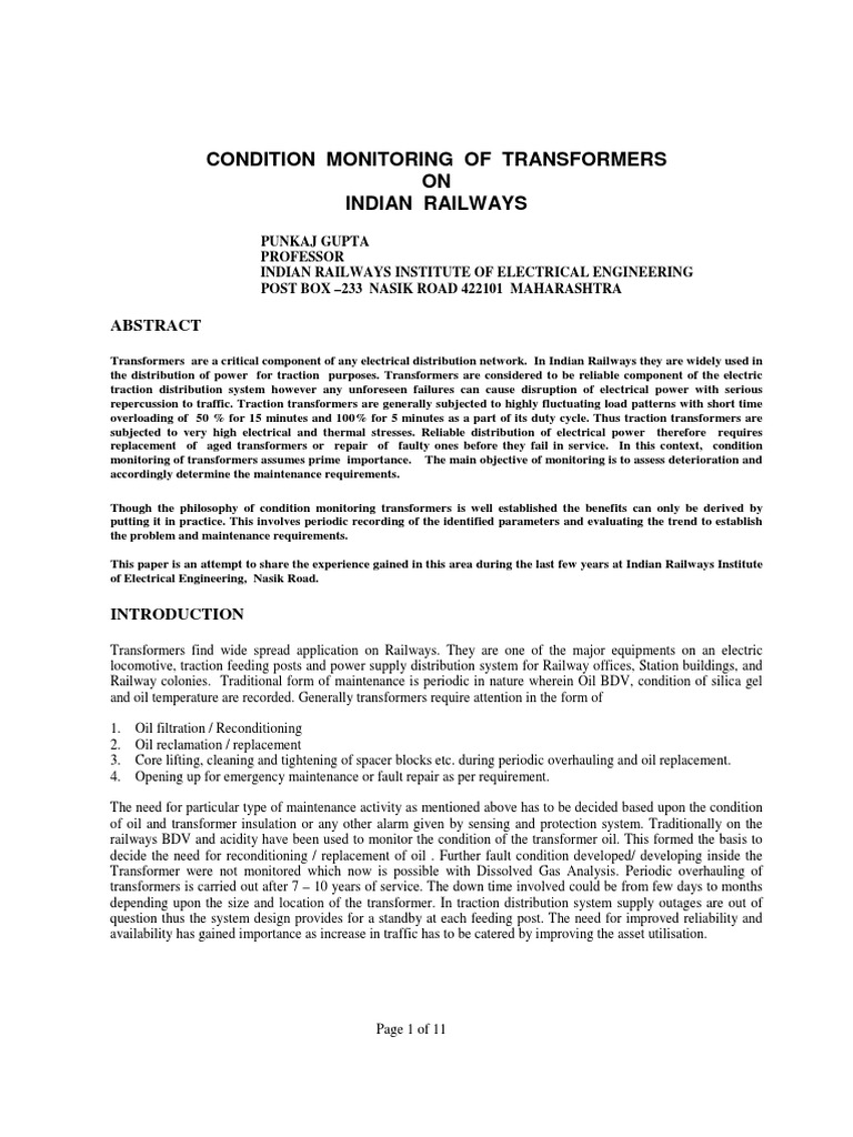 Condition Monitoring of Transformers On Indian Railways | PDF ...