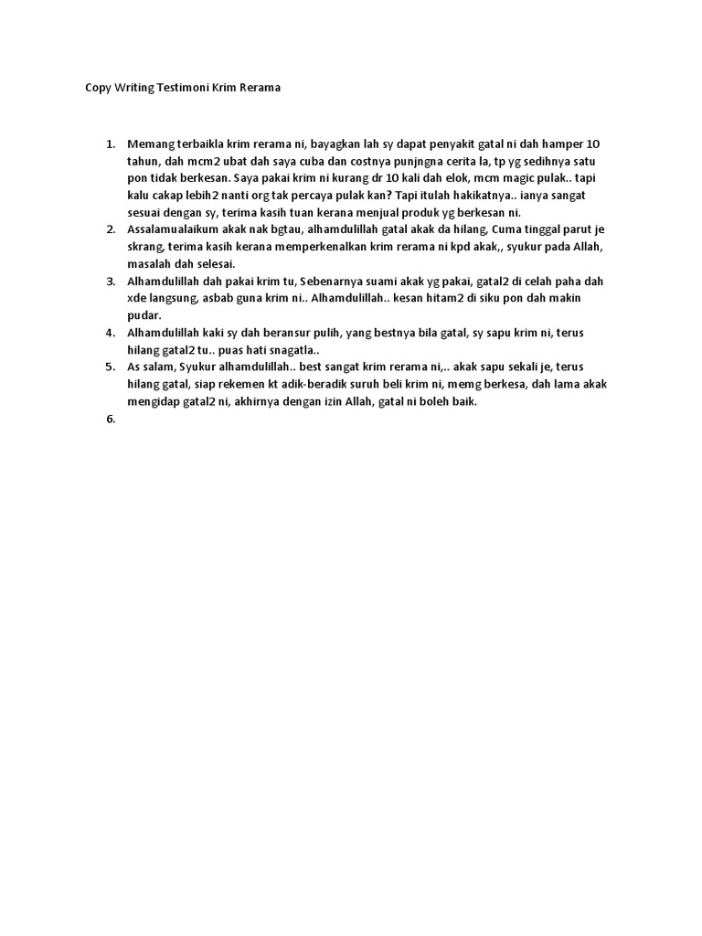 Copy Writing Testimoni Krim Rerama | PDF | Pengembangan Diri ...