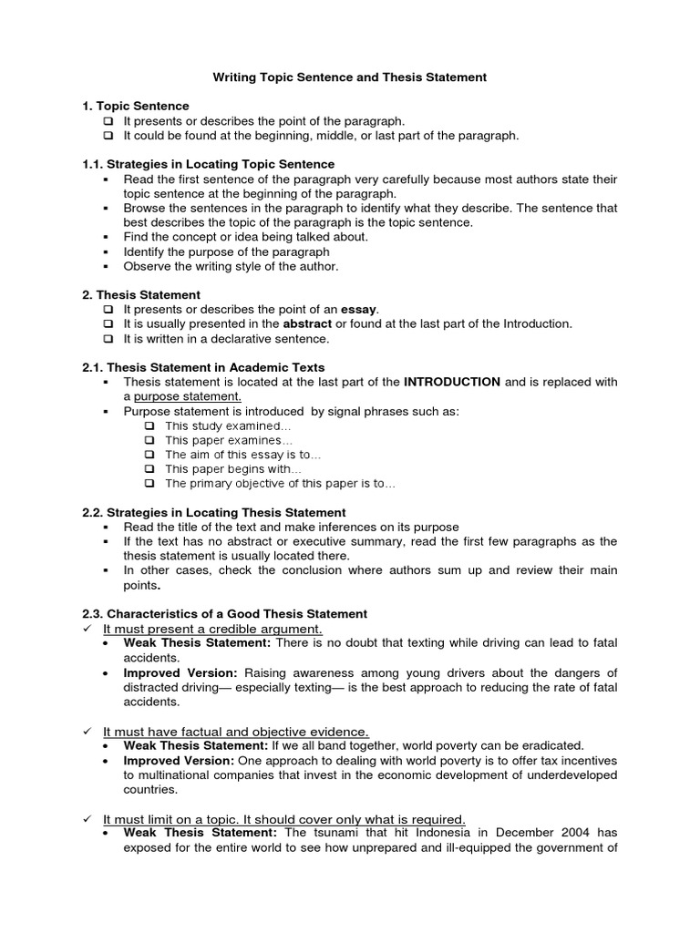 Topic Sentence and Thesis Statement | PDF | Thesis | Essays
