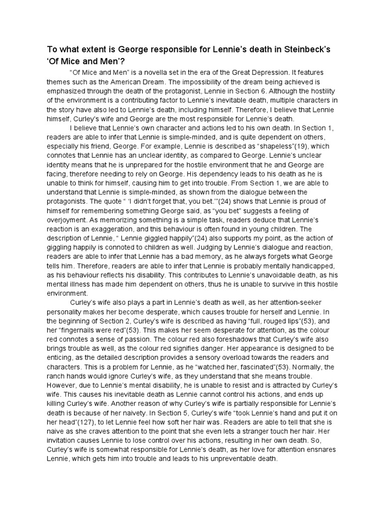 To What Extent Is George Responsible For Lennie's Death in Steinbeck's ...