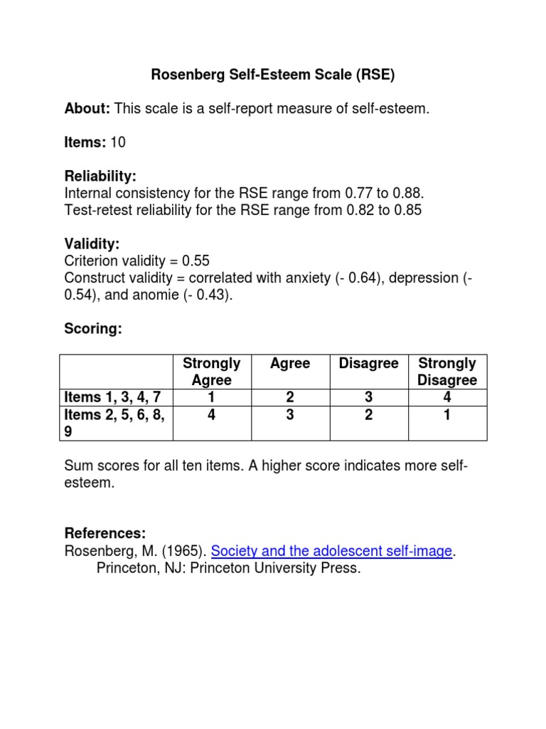 Rosenberg Self Esteem Scale | PDF