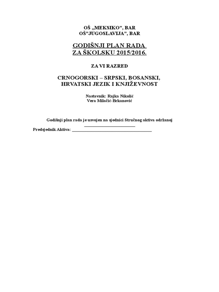 Godisnji Plan Rada Za Vi Razred - Crnogorski-Srpski, Bosanski, Hrvatski ...