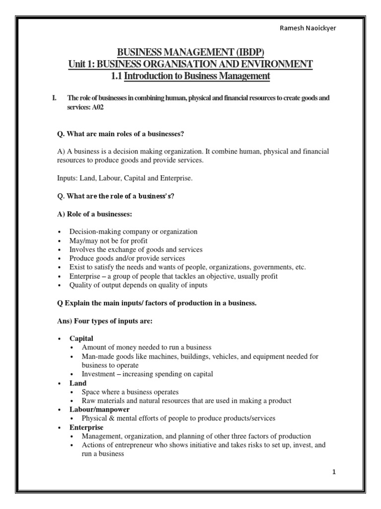 Chapter 1.1 Introduction To Business Management. (Notes) | PDF ...