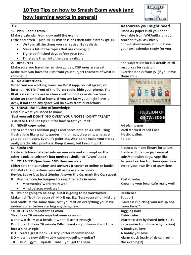 10 Top Tips To Smash Exam Week | Download Free PDF | Test (Assessment ...
