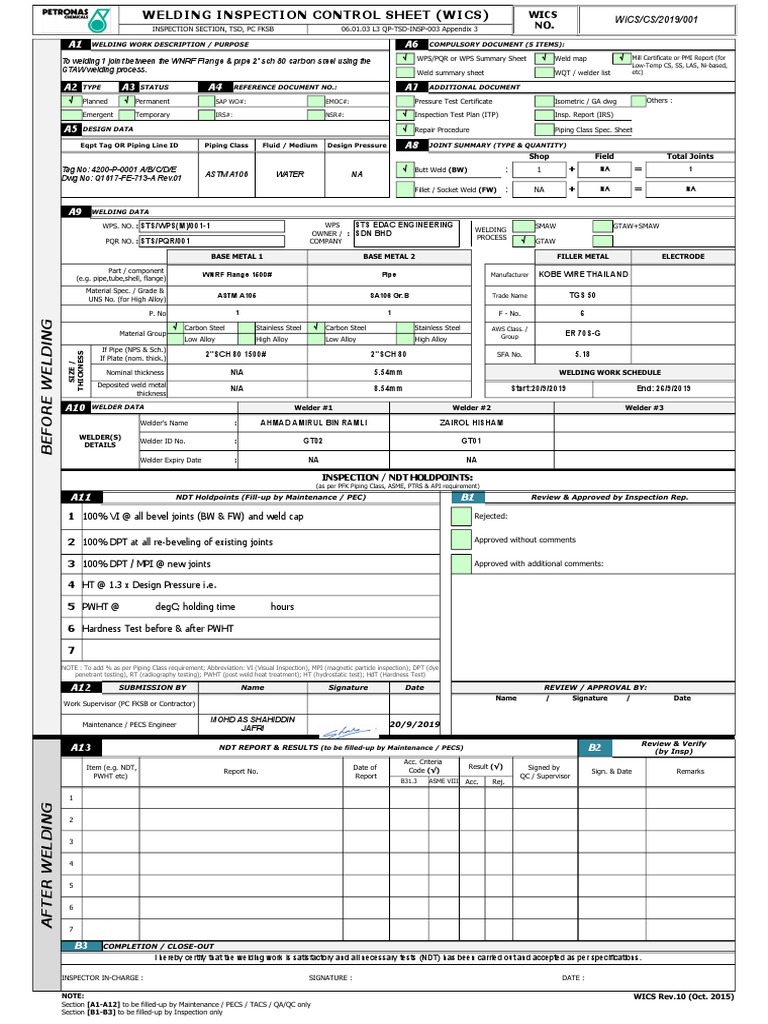 Welding Inspection Control Sheet | PDF | Pipe (Fluid Conveyance) | Welding