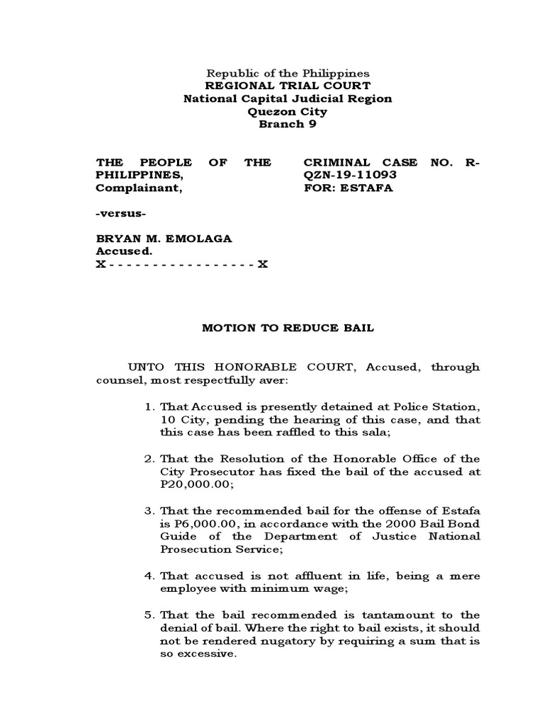 Motion To Reduce Bail | PDF | Bail | Prosecutor