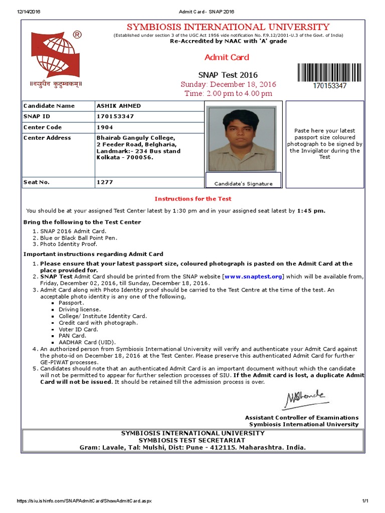 Admit Card - SNAP 2016 | PDF | Identity Document | Government And Personhood