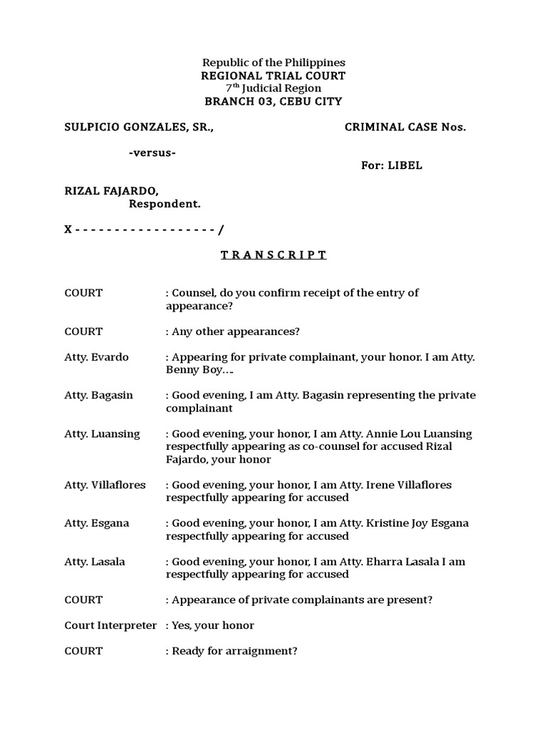 Libel Arraignment Pre Trial Transcript | PDF | Prosecutor | Defamation