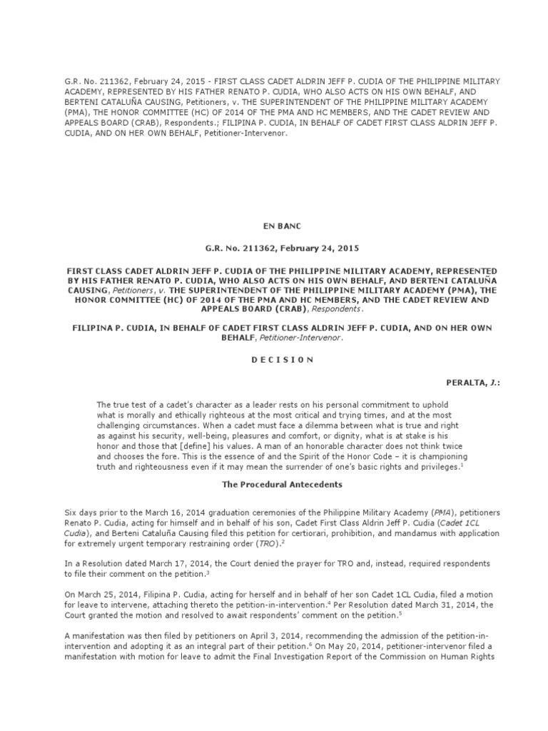 Cudia vs. PMA Honor Code Case Summary | PDF | Mandamus | Justice