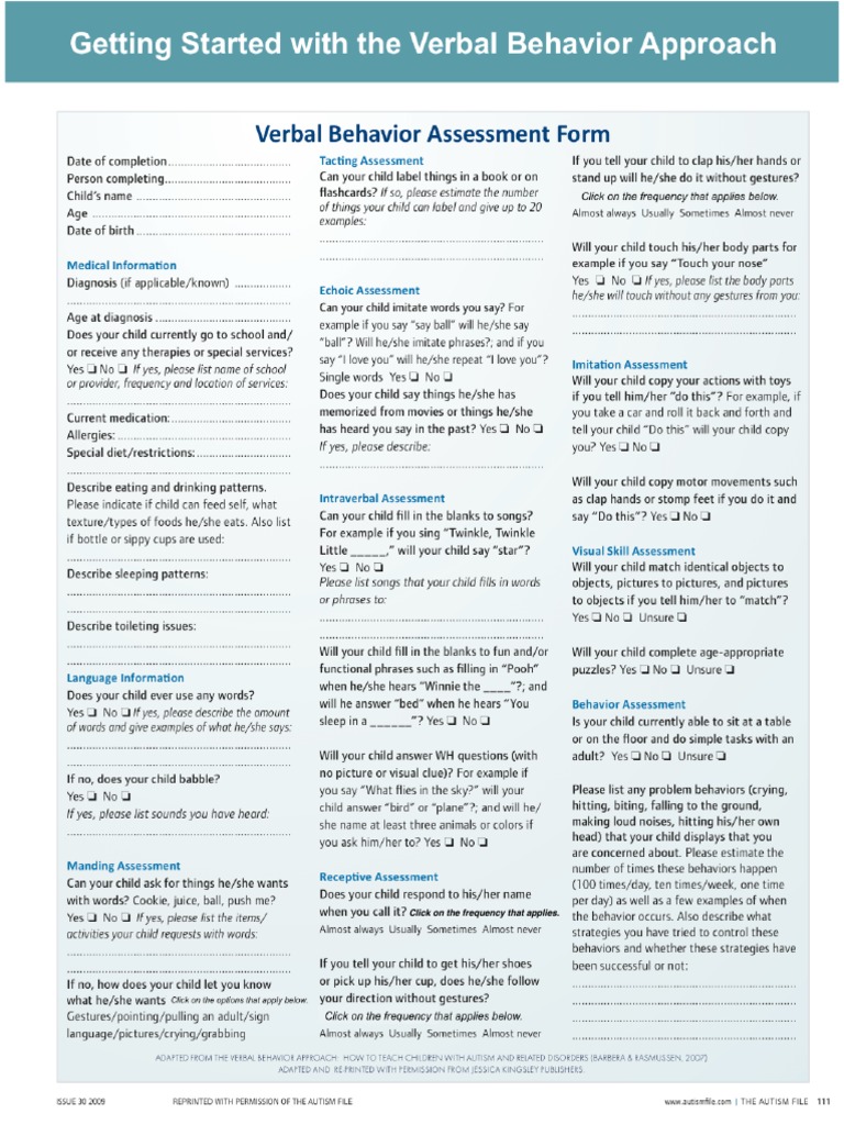 Verbal Behavior Assessment Form - Original | PDF