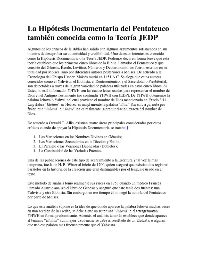 La Hipótesis Documentaria Del Pentateuco También Conocida Como La ...