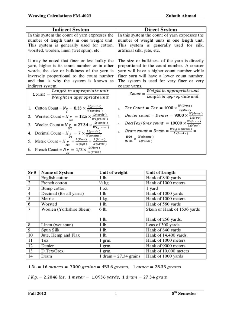 Weaving Calculations FM-4023 (Part 1) PDF | PDF | Yarn | Textiles