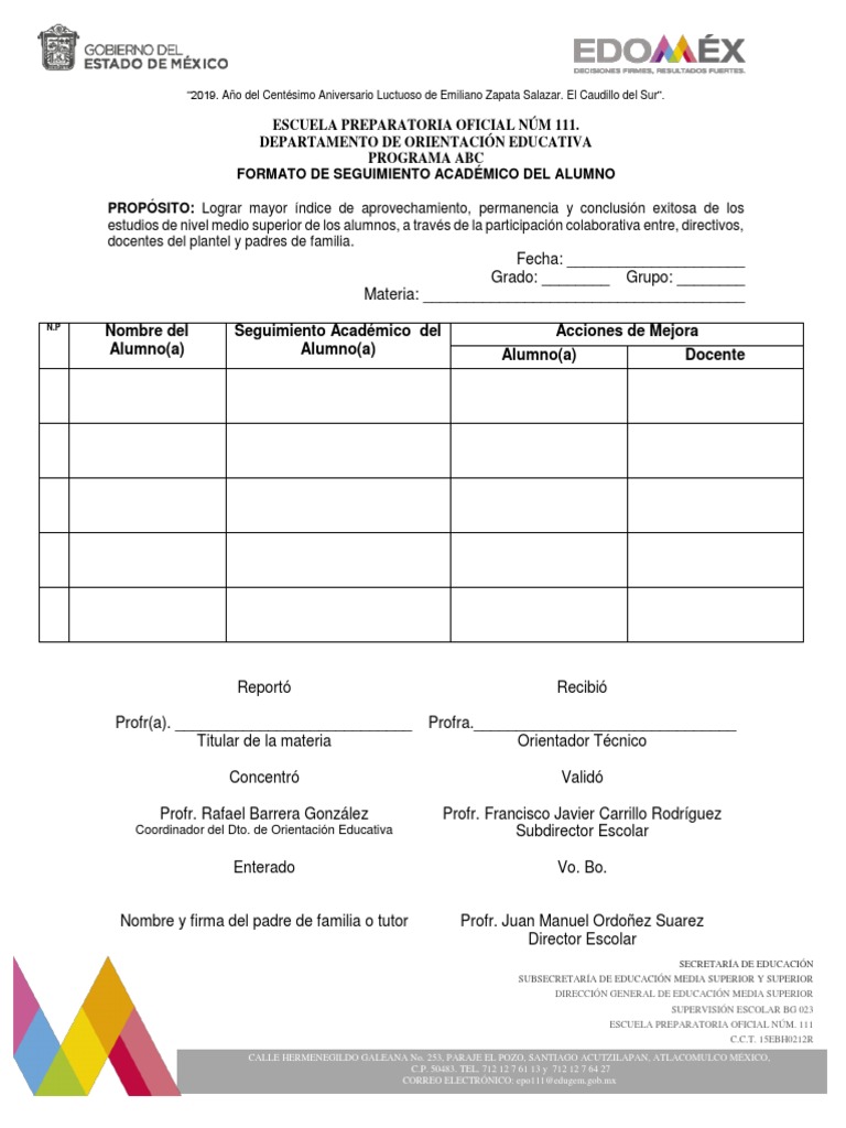 Formato de seguimiento academico | Educación Secundaria | Cognición