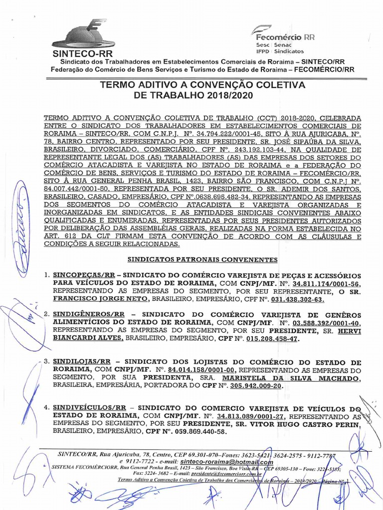 Termo Aditivo CCT 2018-2020 SINTECO e Fecom+®rcioRR | PDF