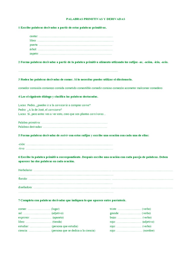 Palabras Primitivas y Derivadas | PDF | Morfología Lingüística | Sintaxis
