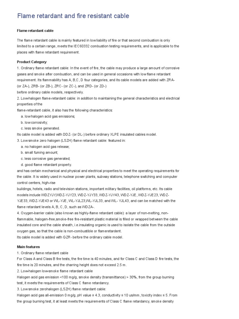 Flame Retardant & Fire Resistant Cables | PDF | Smoke | Insulator ...