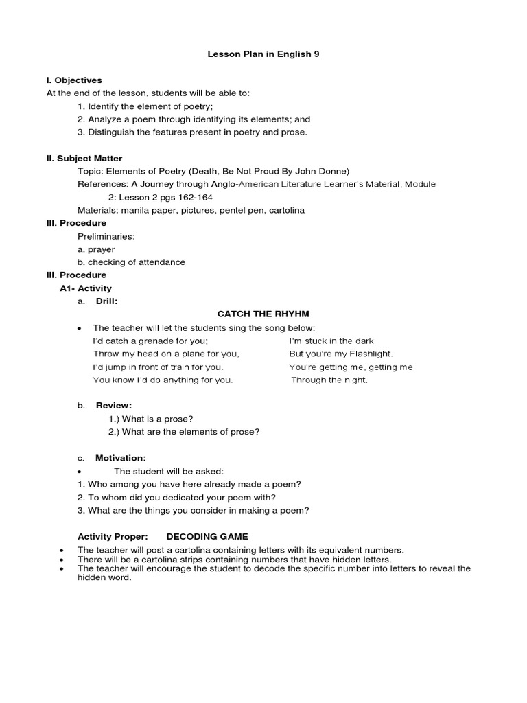 Lesson Plan in English 9 | PDF | Poetry | Cognition