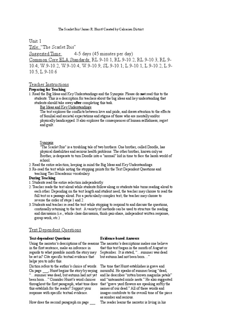 The Scarlet Ibis Text Dependent Questions Answers - Google Search | PDF ...