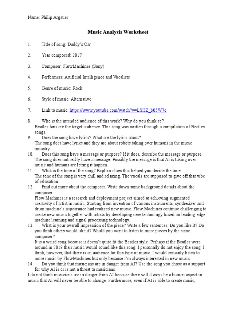 Music Analysis Worksheet | PDF | Artificial Intelligence | Intelligence ...