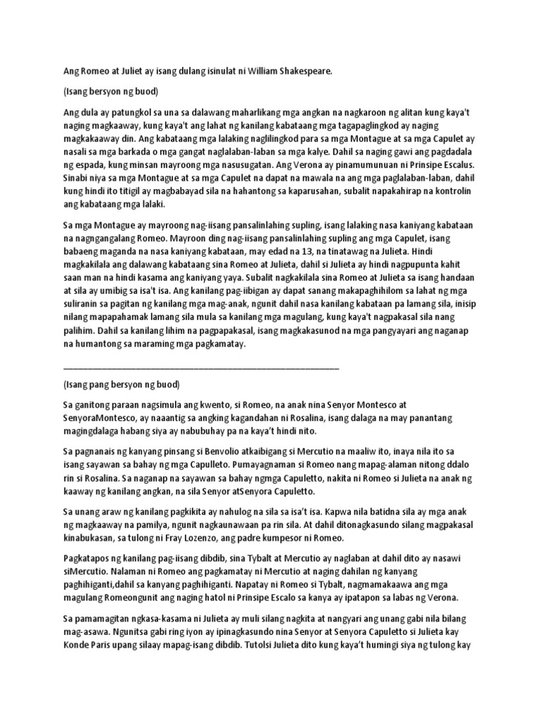 Ang Romeo at Juliet Ay Isang Dulang Isinulat Ni William Shakespeare | PDF
