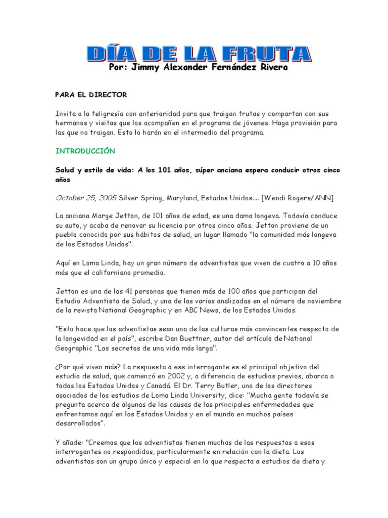 Dia de La Fruta | PDF | Iglesia Adventista del Séptimo Día | Dieta
