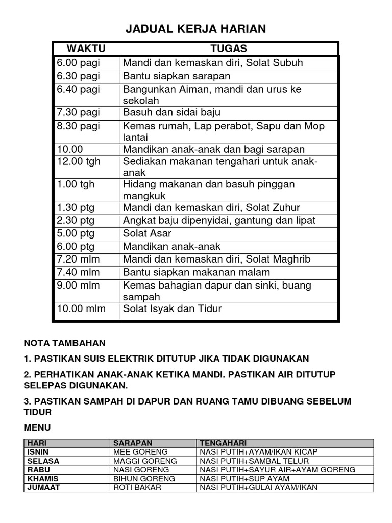 Jadual Harian Ibu Rumah Tangga | PDF