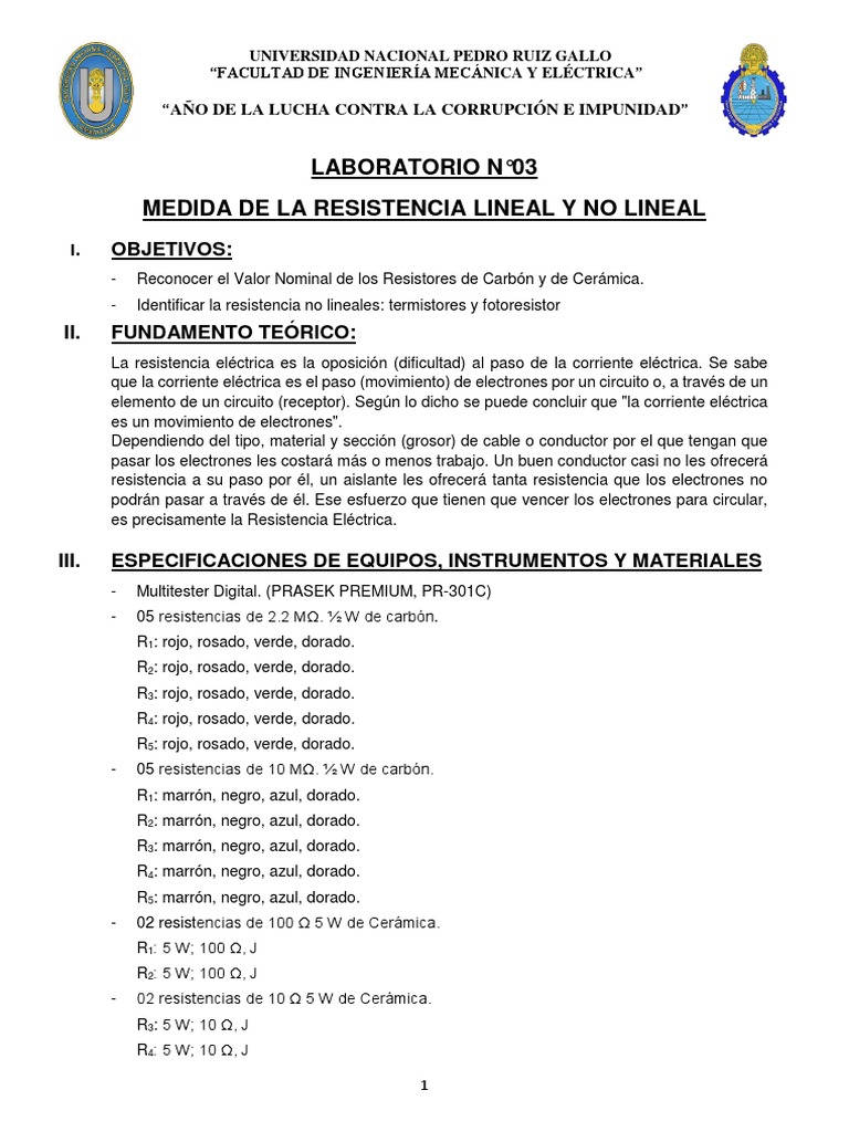 Lab 03 Medida de La Resistencia Lineal y No Lineal | PDF | Resistor ...