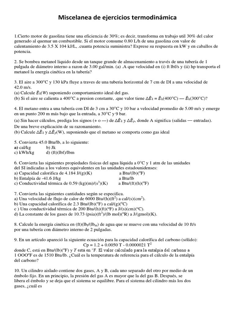 Miscelanea de Ejercicios Termodinámica Balance de Materia Bis | PDF | Capacidad calorífica | Gases