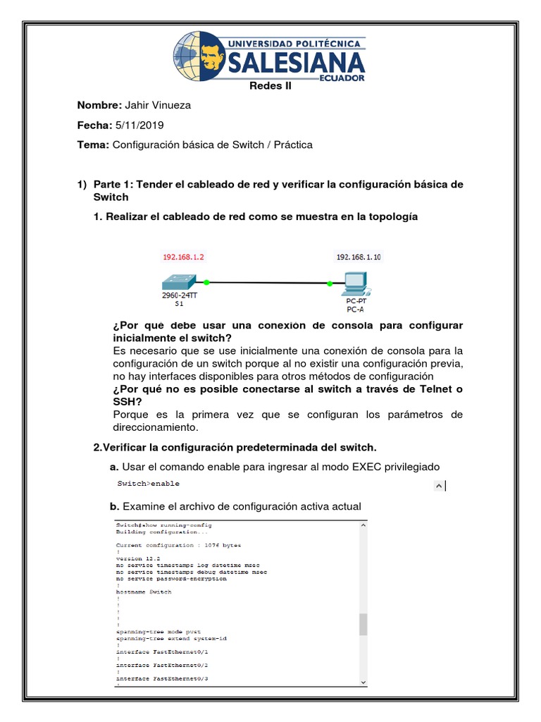 Configuración básica de un switch Cisco 2960 y verificación de conectividad de red | PDF ...