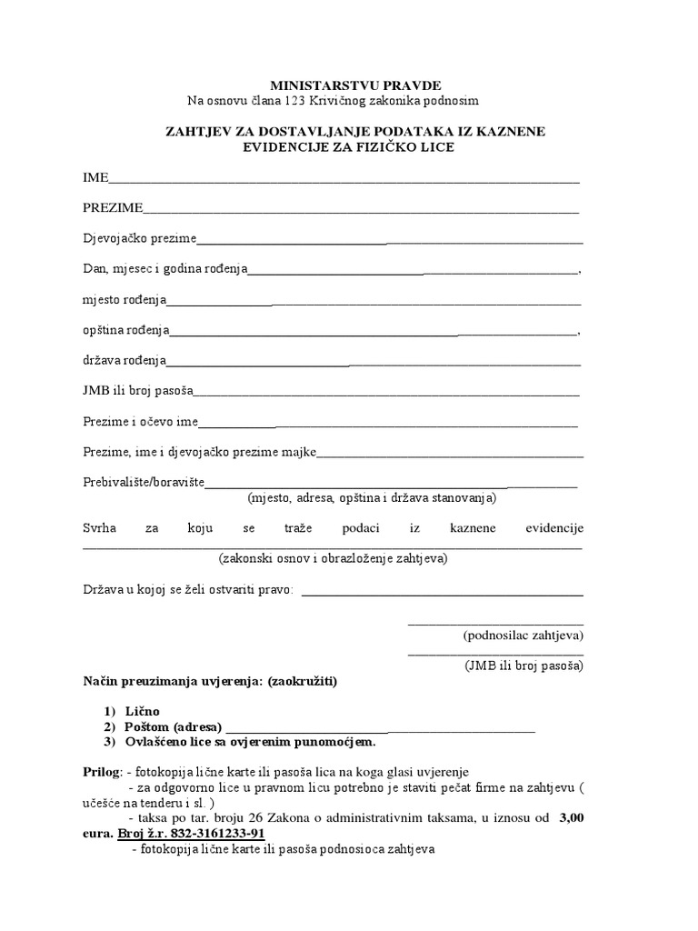 Zahtjev Za Dostavljanje Podataka Iz Kaznene Evidencije Za Fizičko Lice-1 | PDF
