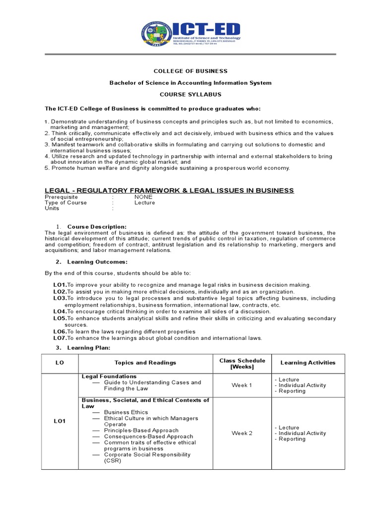 LEGAL - REGULATORY FRAMEWORK & LEGAL ISSUES IN BUSINESS (ok) | Business ...
